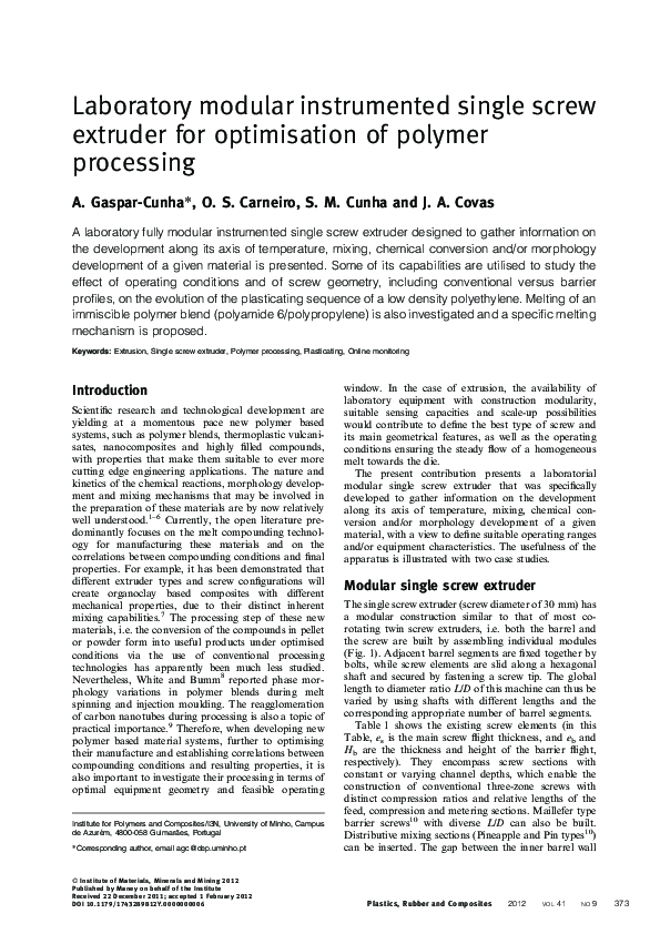 (PDF) Laboratory modular instrumented single screw extruder for optimisation of polymer processing