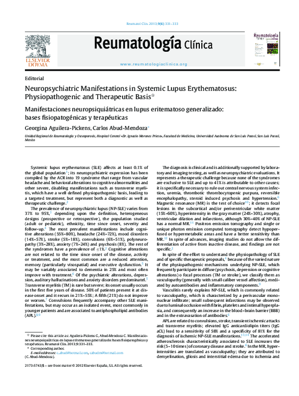 (PDF) Neuropsychiatric Manifestations in Systemic Lupus Erythematosus