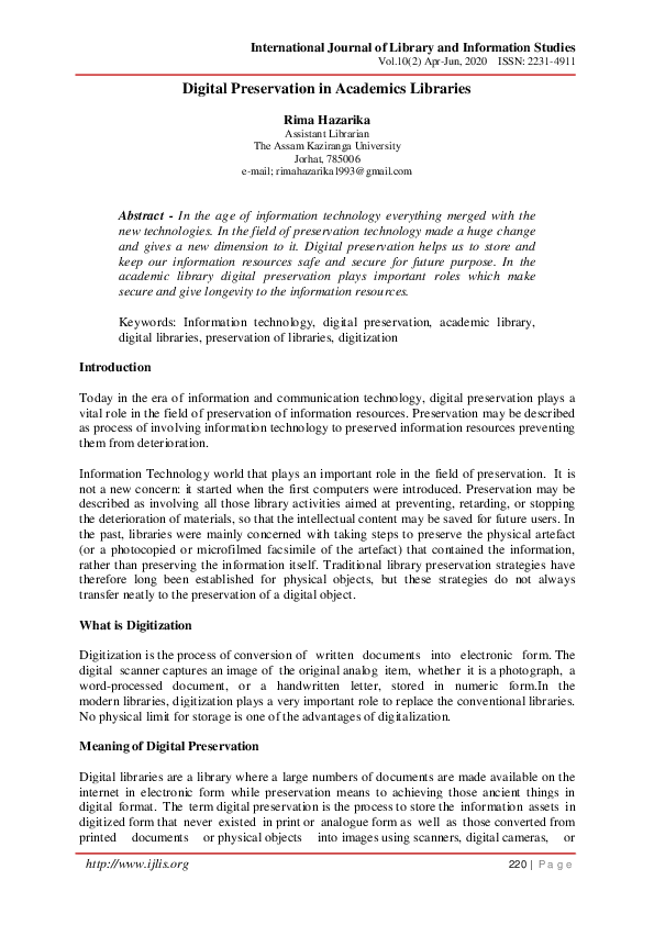 (PDF) Digital Preservation in Academics Libraries