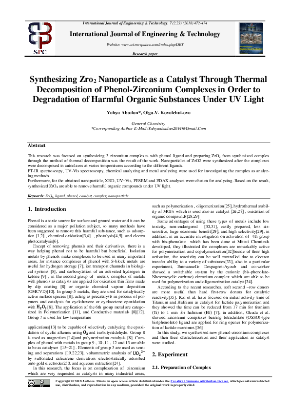(PDF) Synthesizing Zro2 Nanoparticle as a Catalyst Through Thermal Decomposition of Phenol ...
