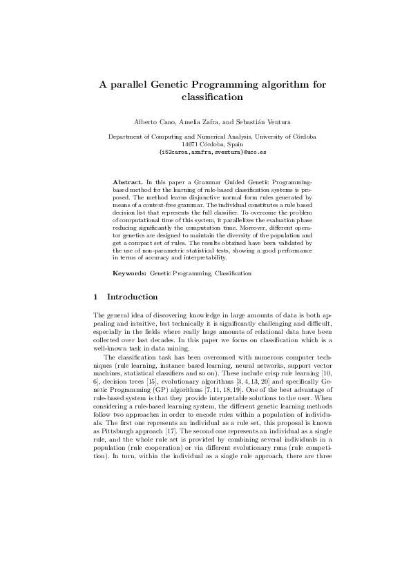 Pdf A Parallel Genetic Programming Algorithm For Classification Sebastián Ventura