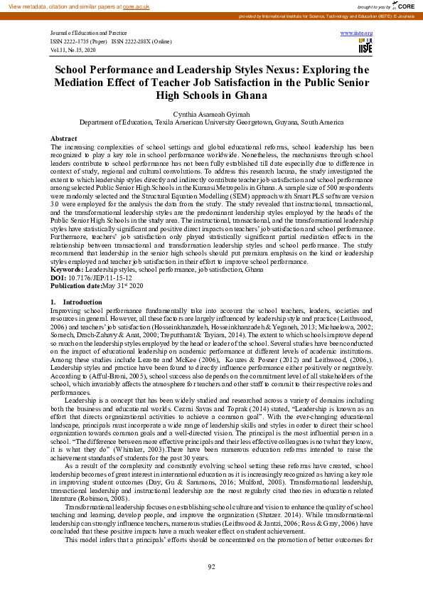 (PDF) School Performance and Leadership Styles Nexus: Exploring the Mediation Effect of Teacher ...
