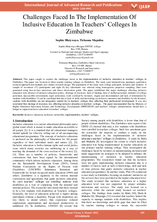 (PDF) Challenges Faced In The Implementation Of Inclusive Education In Teachers’ Colleges In ...