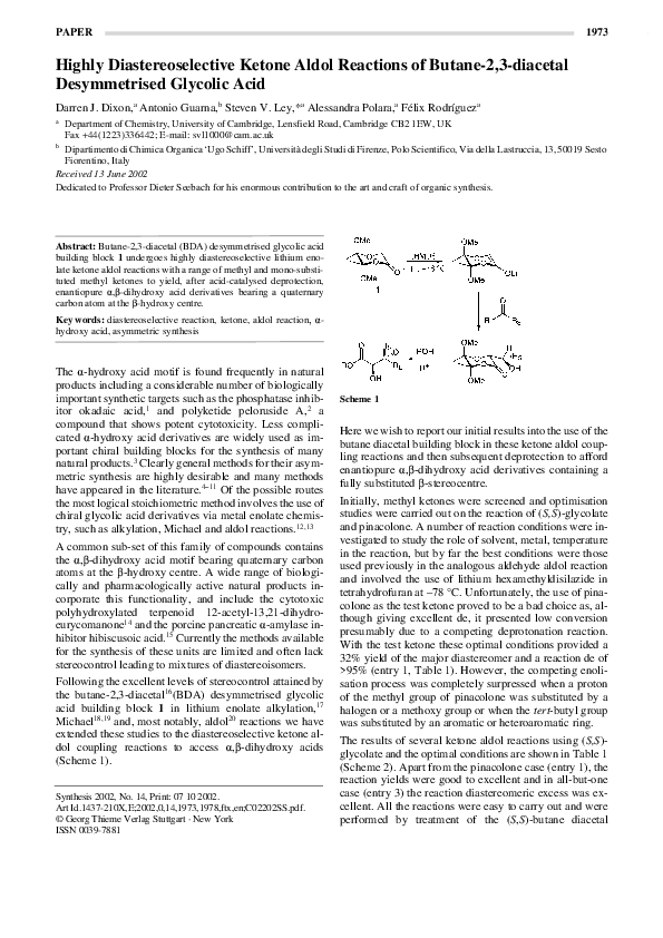 (PDF) Highly Diastereoselective Ketone Aldol Reactions of Butane-2,3 ...