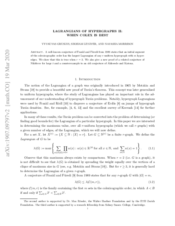 (PDF) Lagrangians of r-uniform hypergraphs: Colex order