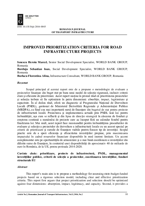 (PDF) Improved Prioritization Criteria for Road Infrastructure Projects