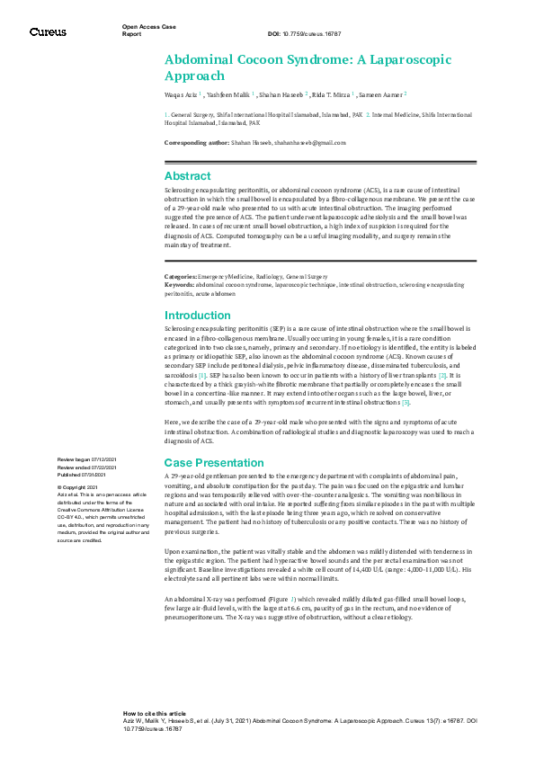 (PDF) Abdominal Cocoon Syndrome: A Laparoscopic Approach