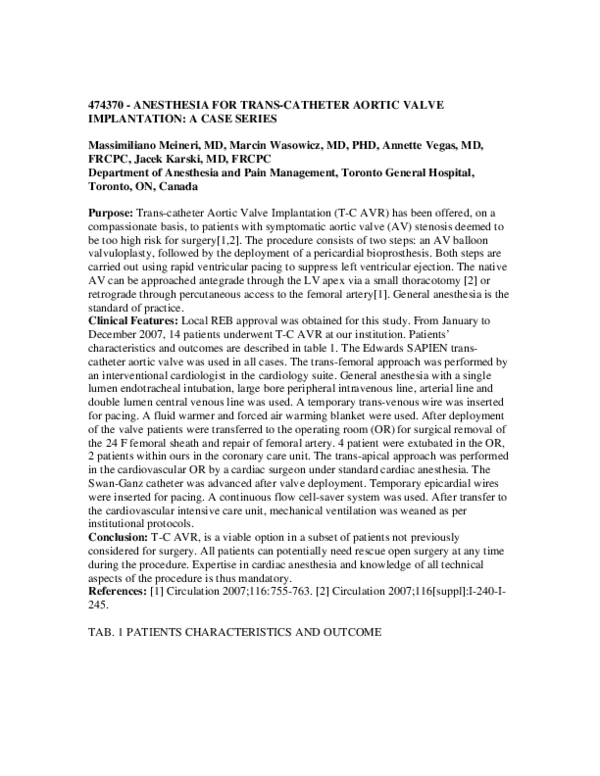(PDF) Anesthesia for trans-catheter aortic valve implantation: A case ...