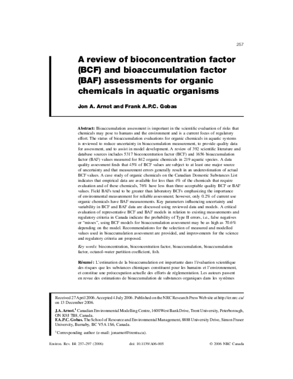 (PDF) A review of bioconcentration factor (BCF) and bioaccumulation ...