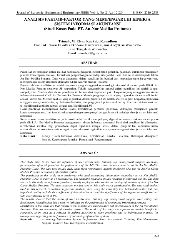(PDF) ANALISIS FAKTOR-FAKOR YANG MEMPENGARUHI KINERJA SISTEM INFORMASI AKUNTANSI (Studi Kasus ...