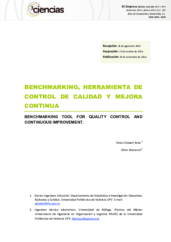 (PDF) Benchmarking, herramienta de control de calidad y mejora continua