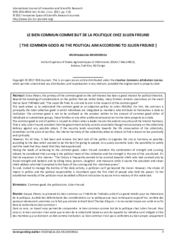 (PDF) The Common Good as the Political Aim According to Julien Freund