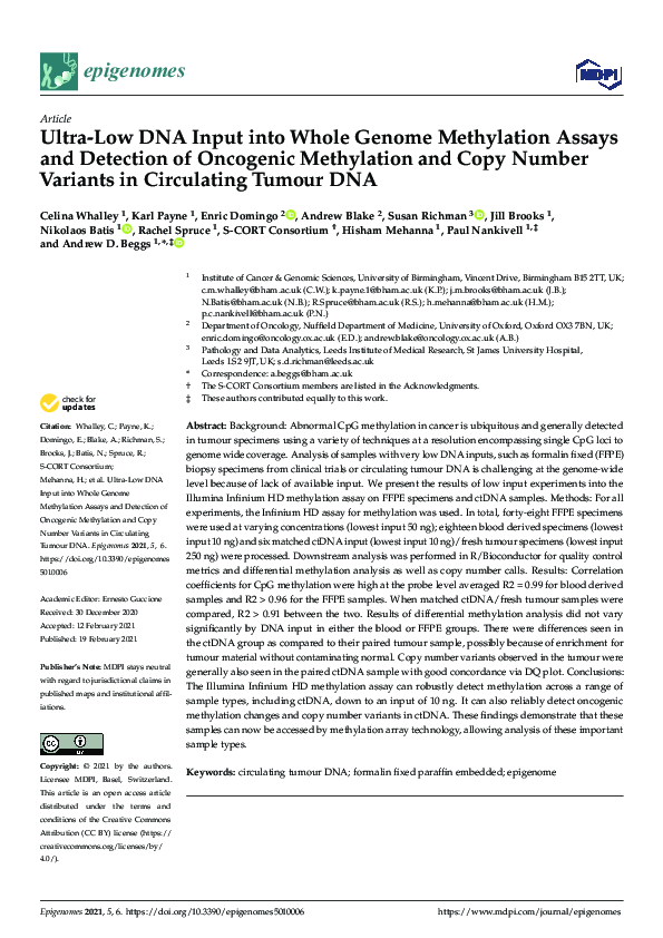 (PDF) Ultra-Low DNA Input into Whole Genome Methylation Assays and Detection of Oncogenic ...