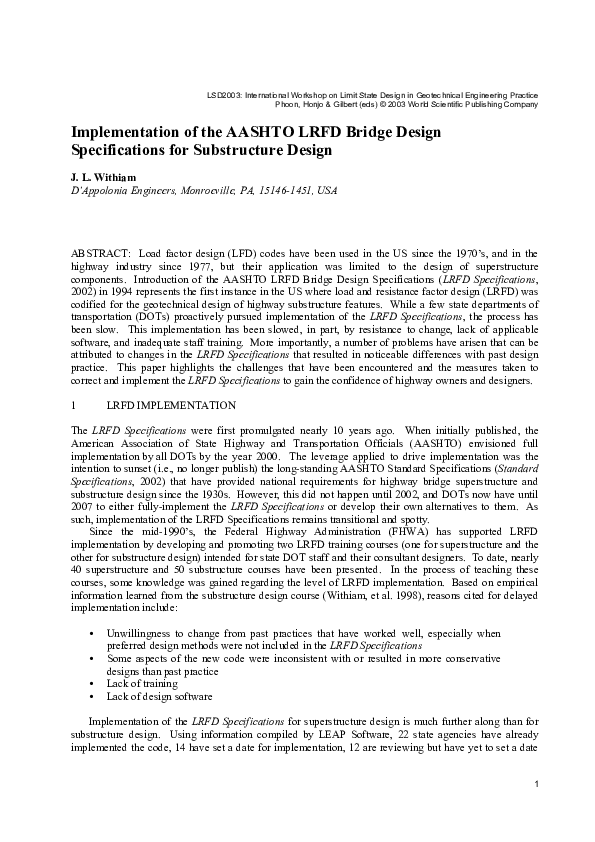 (PDF) Implementation of the AASHTO LRFD Bridge Design Specifications for Substructure Design