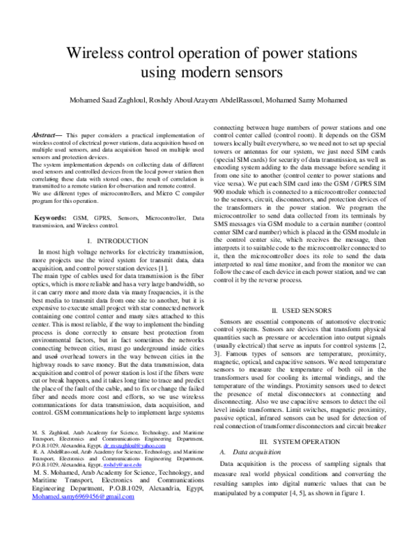 (PDF) Wireless Control Operation of Power Stations Using Modern Sensors