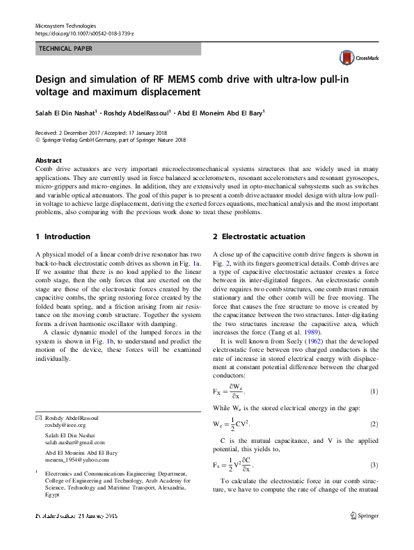 (PDF) Design and simulation of RF MEMS comb drive with ultra-low pull-in voltage and maximum ...