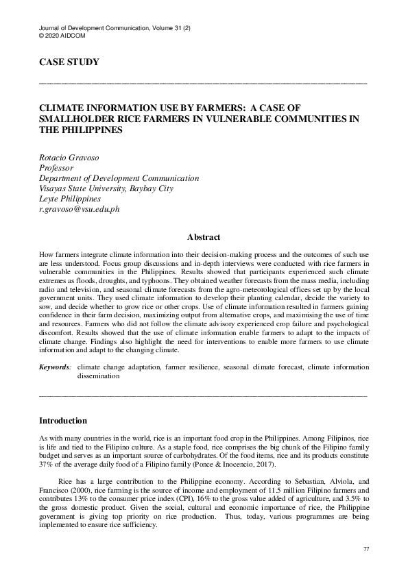 (PDF) Climate Information Use by Farmers: A Case of Smallholder Rice ...