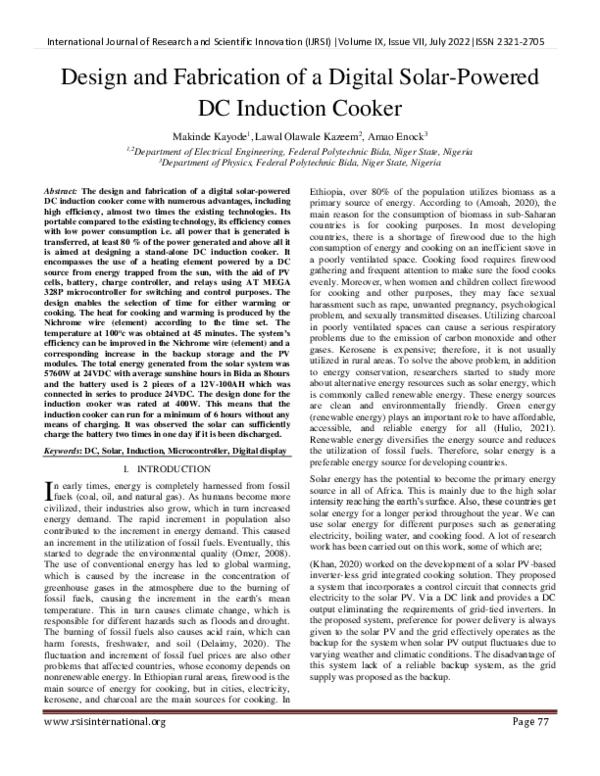 (PDF) Design and Fabrication of a Digital Solar-Powered DC Induction Cooker