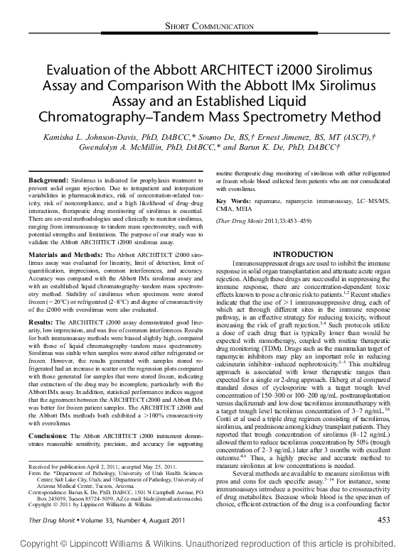 (PDF) Evaluation of the Abbott ARCHITECT i2000 Sirolimus Assay and ...