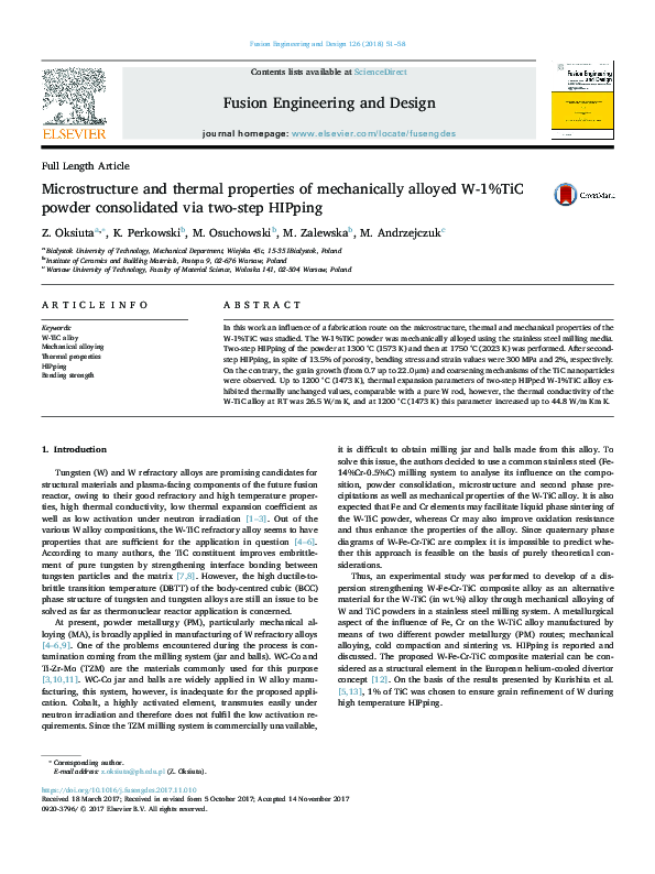 (PDF) Microstructure and thermal properties of mechanically alloyed W-1%TiC powder consolidated ...