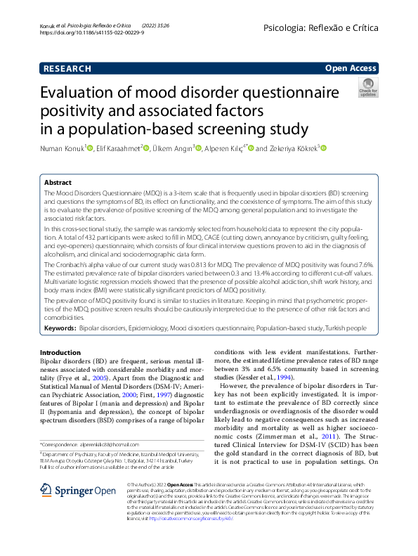 (PDF) Evaluation of mood disorder questionnaire positivity and ...