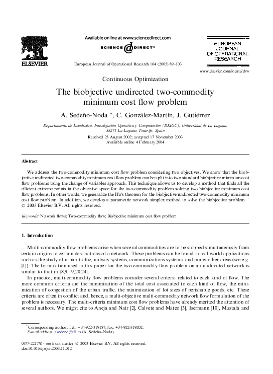 Pdf The Biobjective Undirected Two Commodity Minimum Cost Flow Problem Jose Gutiérrez