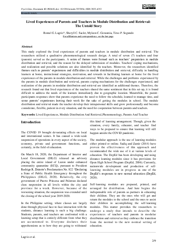 (PDF) Lived Experiences of Parents and Teachers in Module Distribution and Retrieval: The Untold ...