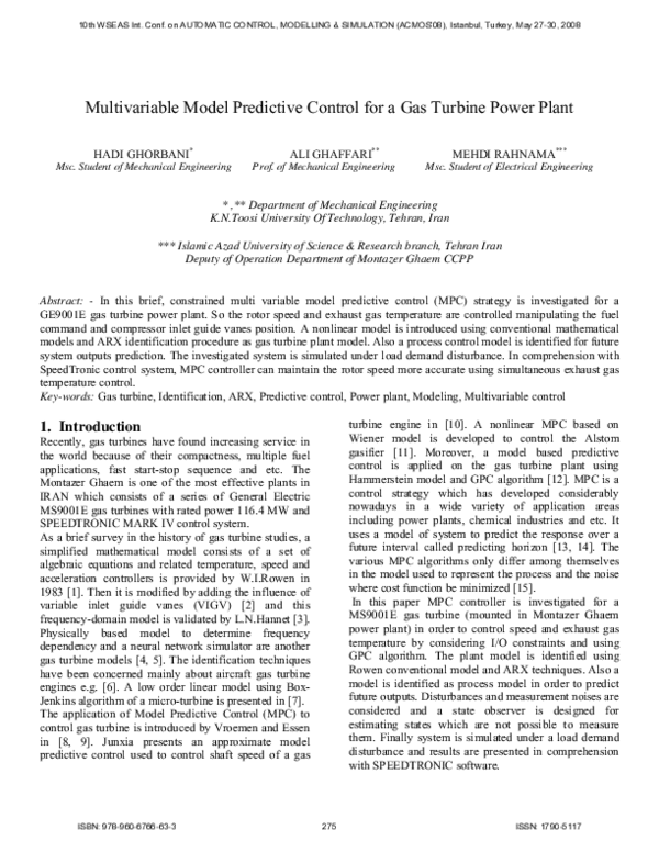 Pdf Multivariable Model Predictive Control For A Gas Turbine Power Plant