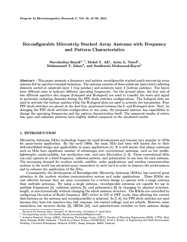 Pdf Reconfigurable Microstrip Stacked Array Antenna With Frequency And Pattern Characteristics