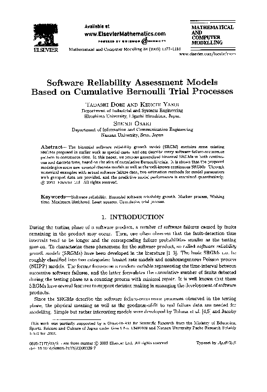 (PDF) Software reliability assessment models based on cumulative bernoulli trial processes