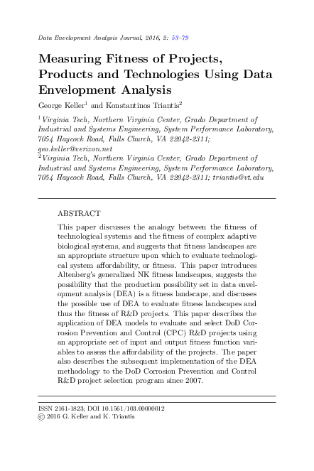 (PDF) Measuring Fitness of Projects, Products and Technologies Using Data Envelopment Analysis