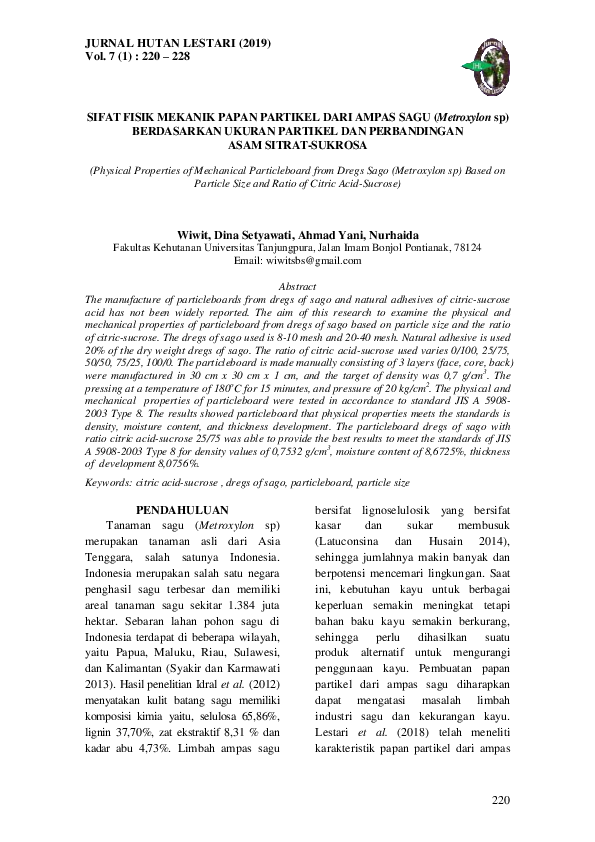 (PDF) SIFAT FISIK MEKANIK PAPAN PARTIKEL DARI AMPAS SAGU (Metroxylon sp) BERDASARKAN UKURAN ...