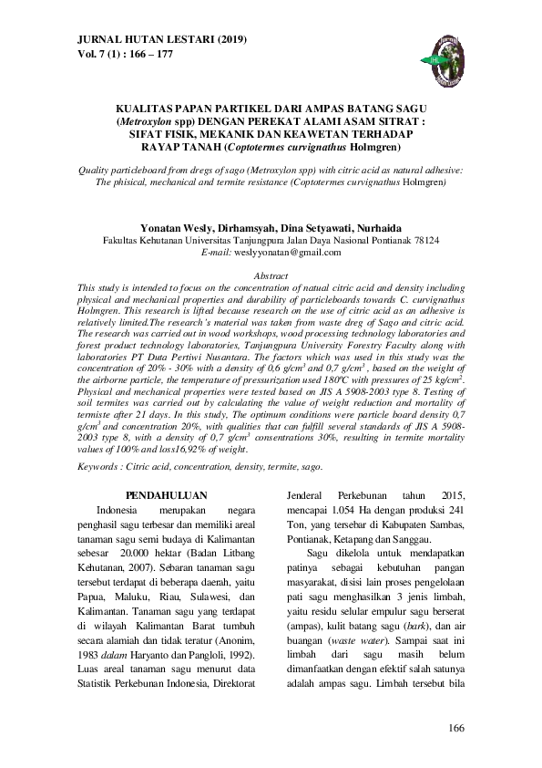 Pdf Kualitas Papan Partikel Dari Ampas Batang Sagu Metroxylon Spp
