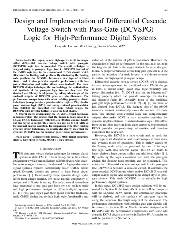(PDF) Design and implementation of differential cascode voltage switch with pass-gate (DCVSPG ...