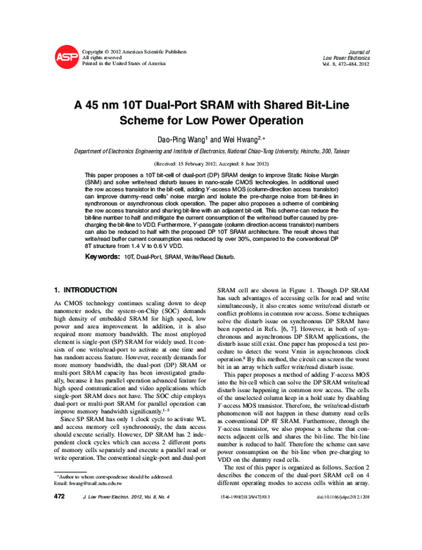 Pdf A 45 Nm 10t Dual Port Sram With Shared Bit Line Scheme For Low Power Operation