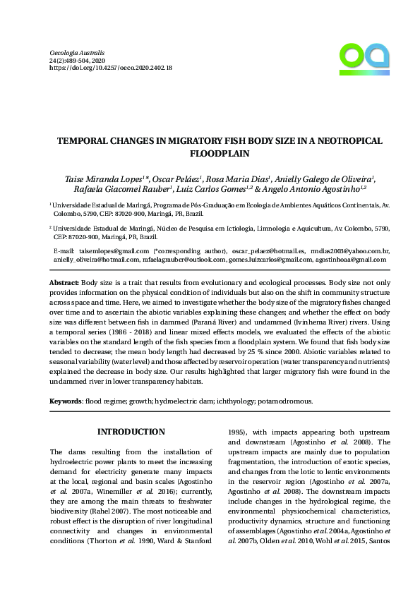 (PDF) Temporal Changes in Migratory Fish Body Size in a Neotropical Floodplain | Rafaela Rauber ...