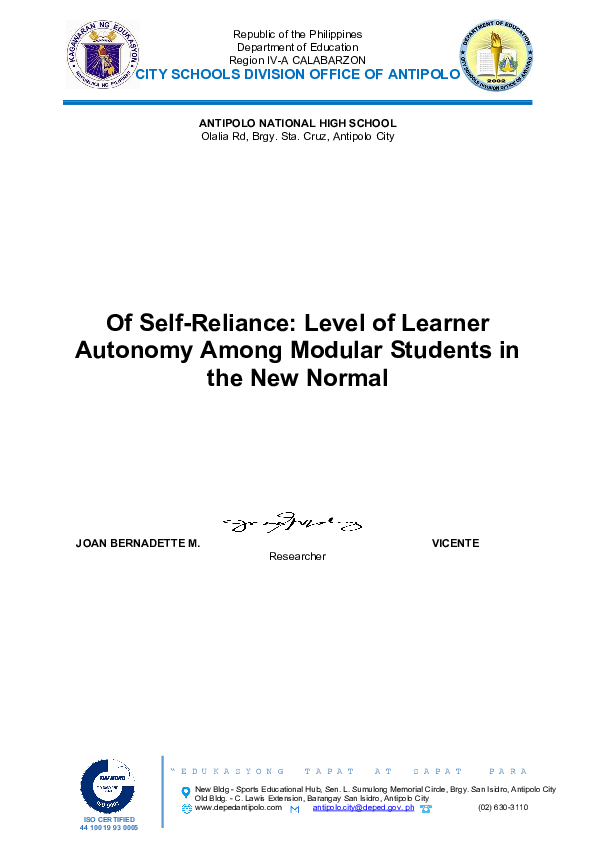 (DOC) Of Self-Reliance: Level of Learner Autonomy Among Modular ...