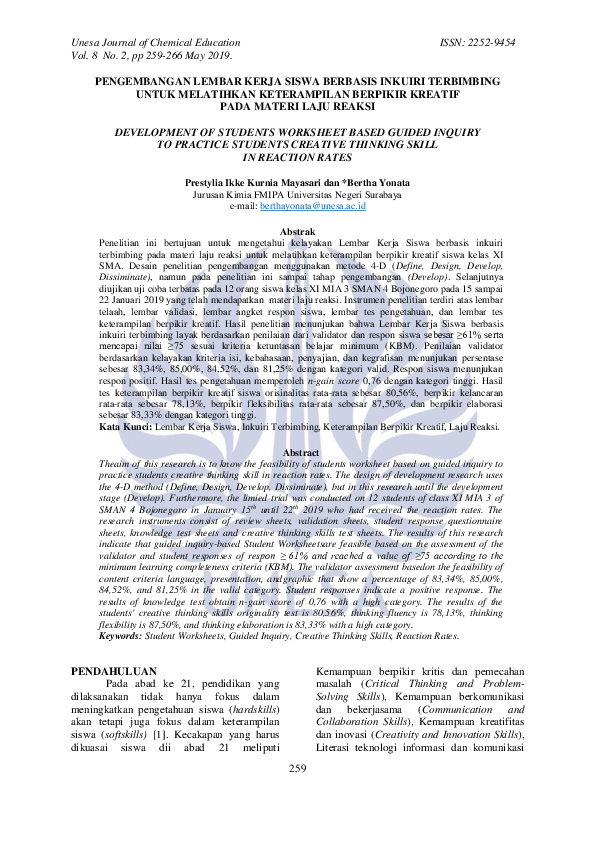 (PDF) Pengembangan Lembar Kerja Siswa Berbasis Inkuiri Terbimbing Untuk Melatihkan Keterampilan ...