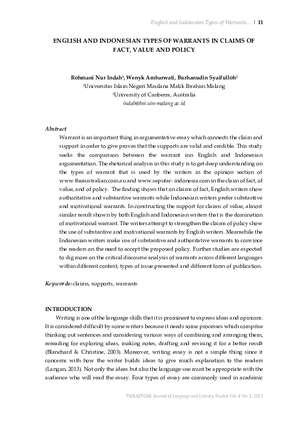 (PDF) English and Indonesian types of warrants in claims of fact, value ...