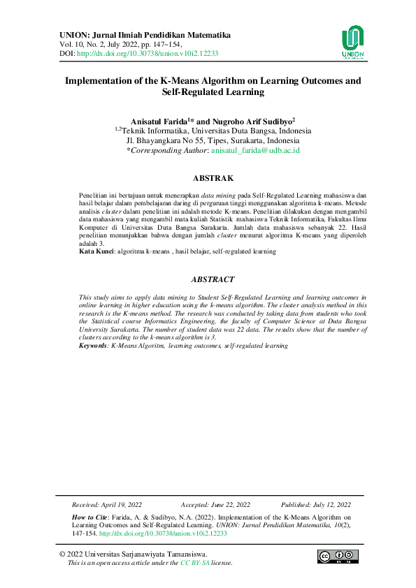 (PDF) Implementation of the K-Means Algorithm on Learning Outcomes and Self-Regulated Learning