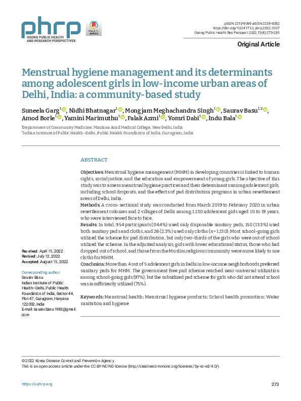 Pdf Menstrual Hygiene Management And Its Determinants Among