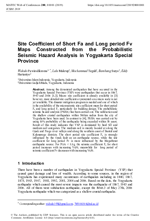 (PDF) Site Coefficient of Short Fa and Long period Fv Maps Constructed from the Probabilistic ...