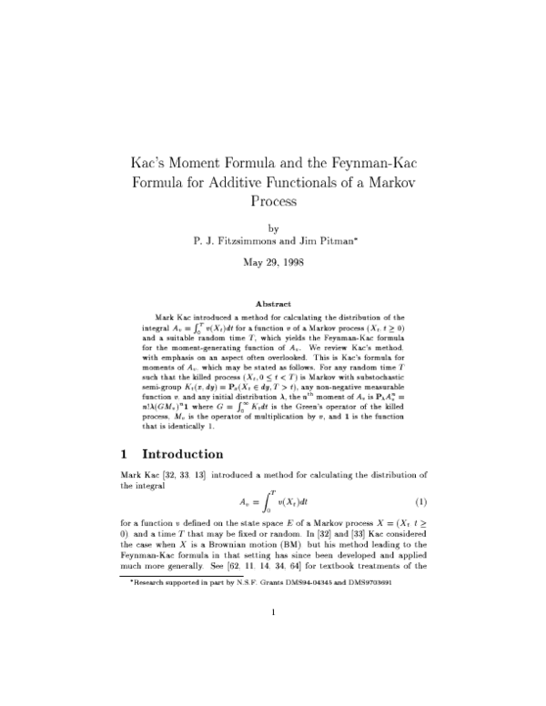 (PDF) Kac’s moment formula and the Feynman–Kac formula for additive functionals of a Markov process