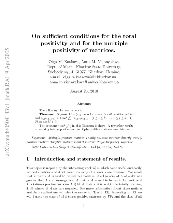 (PDF) On sufficient conditions for the total positivity and for the multiple positivity of matrices