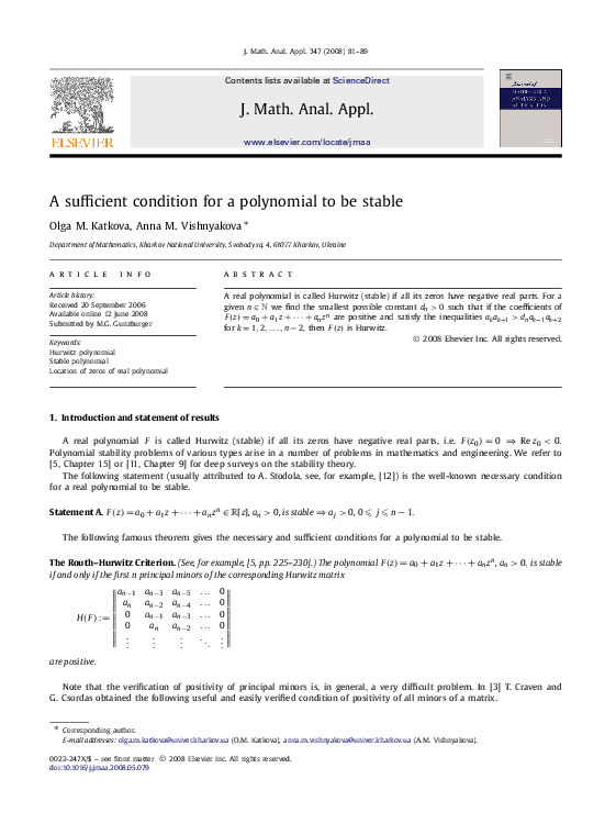 (PDF) A sufficient condition for a polynomial to be stable | Olga Katkova - Academia.edu