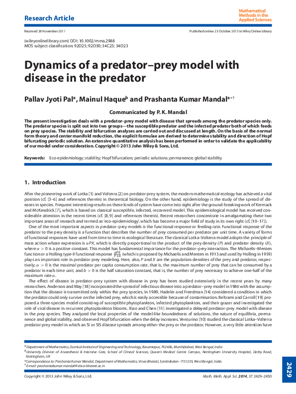 (PDF) Dynamics of a predator-prey model with disease in the predator