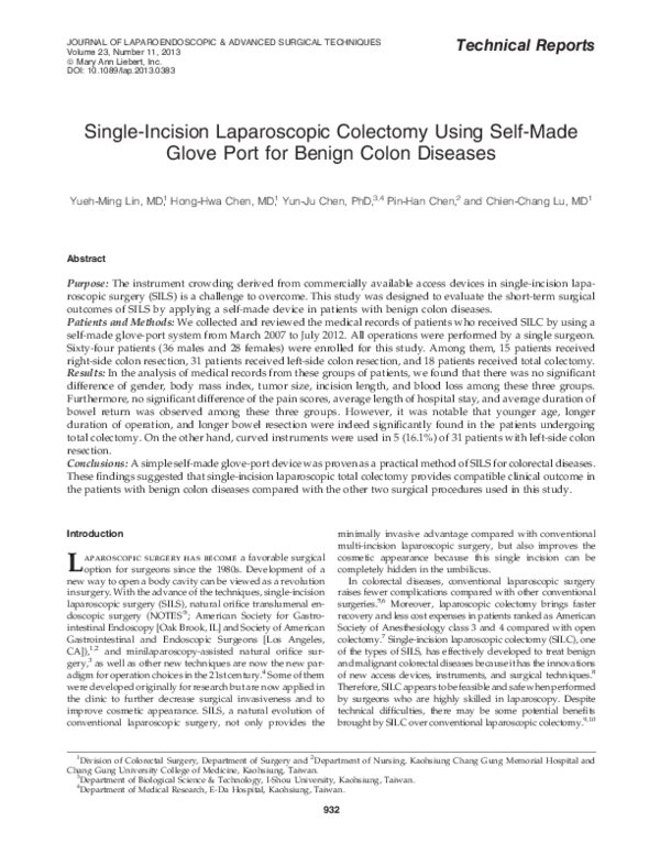 (PDF) Single-Incision Laparoscopic Colectomy Using Self-Made Glove Port for Benign Colon Diseases