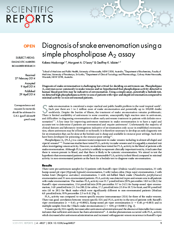 (PDF) Diagnosis of snake envenomation using a simple phospholipase A2 assay
