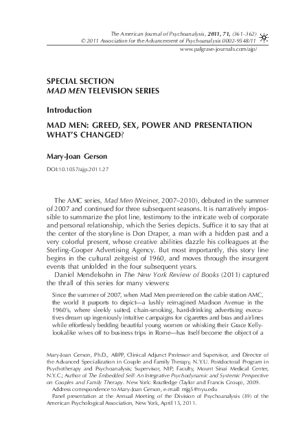 (PDF) Mad Men: Greed, Sex, Power and Presentation—What's Changed?