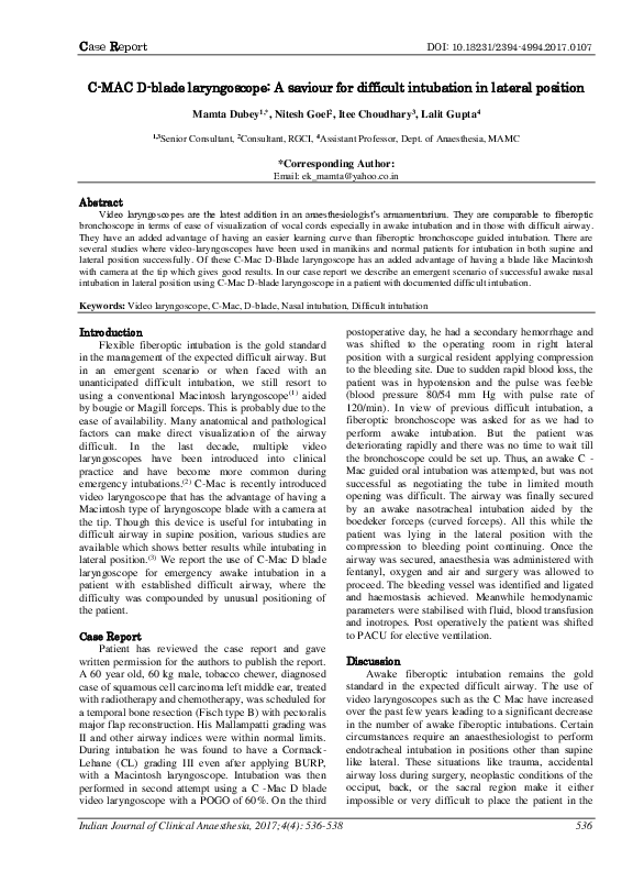 (PDF) C-MAC D-blade laryngoscope: A saviour for difficult intubation in ...